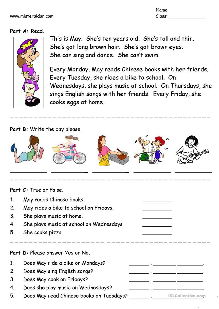 Days Of The Week Simple Reading Comprehension Worksheet Free Esl 