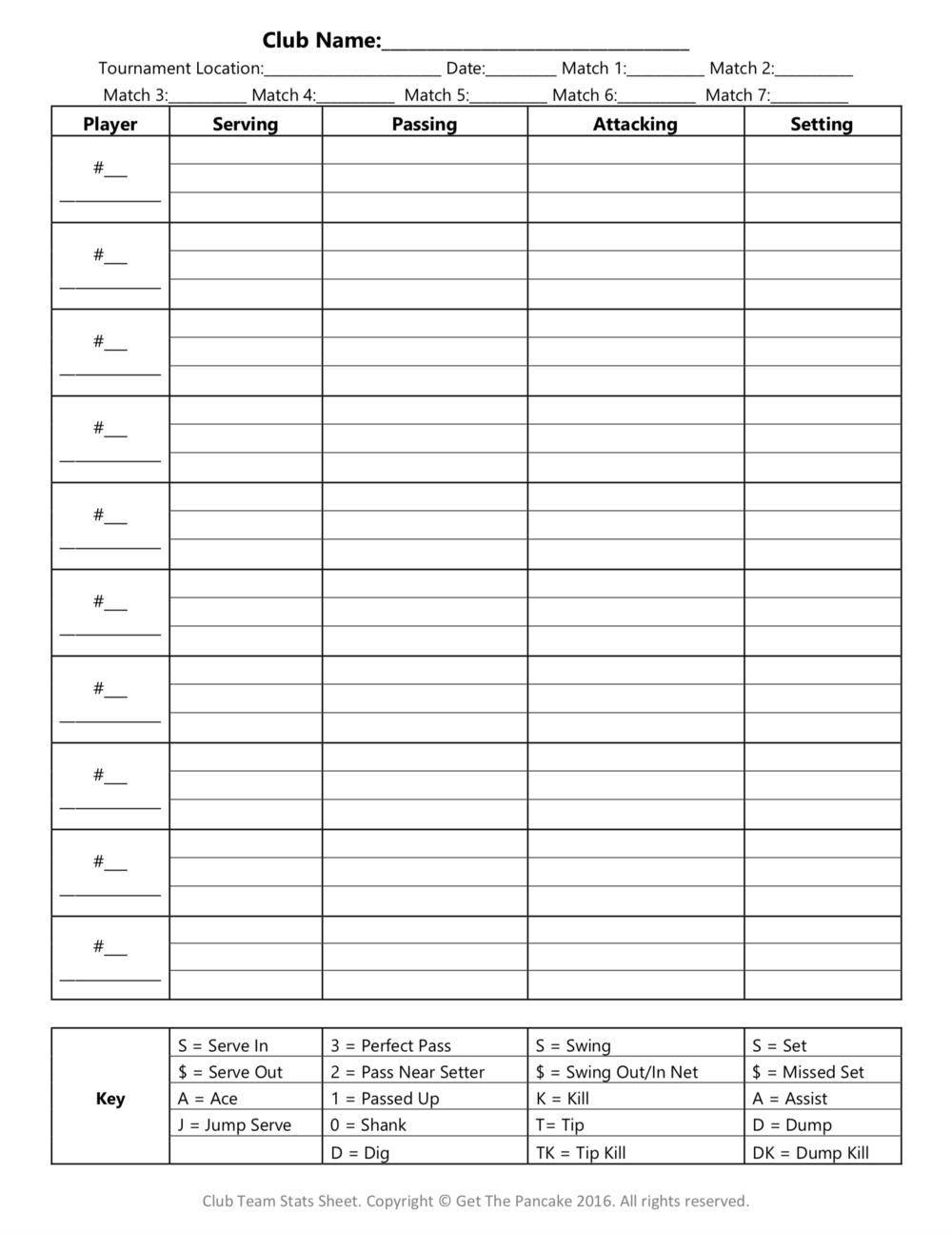 Volleyball Stat Sheets Template