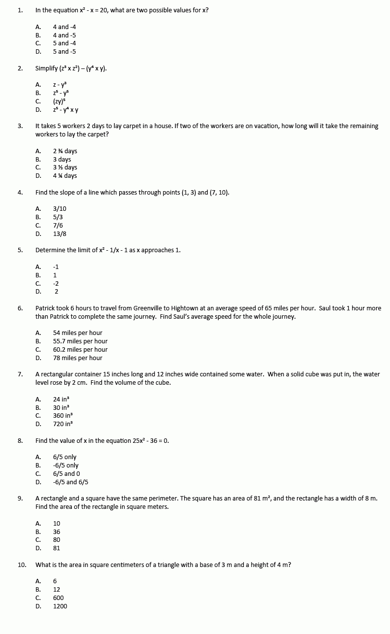 Free Printable Asvab Math Practice Test Free Printable A To Z
