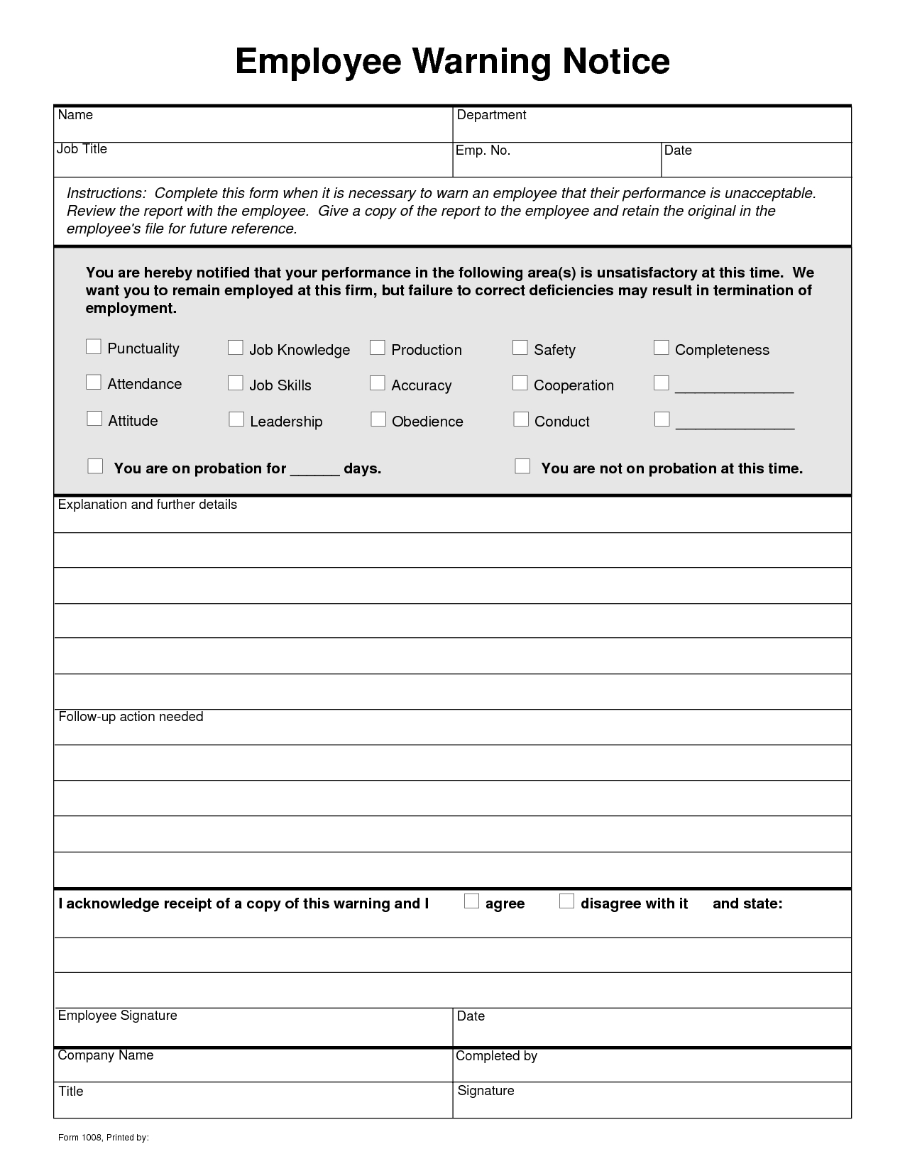 Free Employee Write Up Sheets Employee Written Notice Human Free 