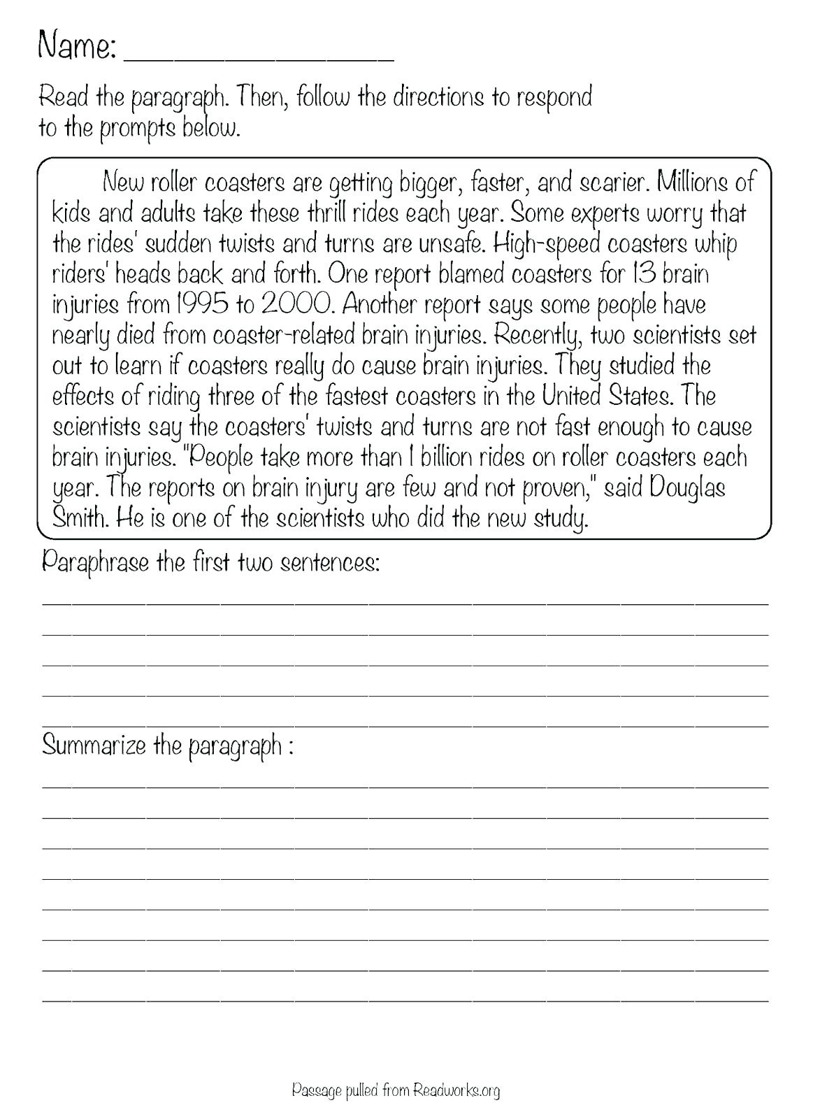 Summarizing Worksheet 2nd Grade