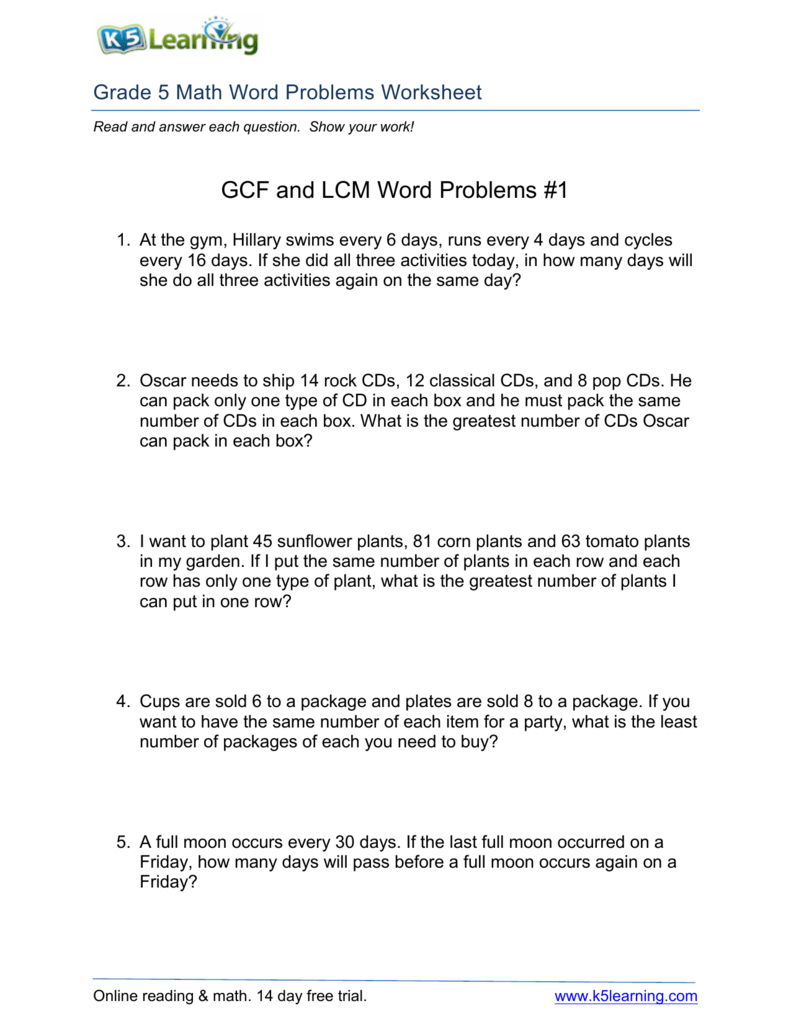 Gcf And Lcm Word Problems 1 Free Printable Lcm Worksheets Free 