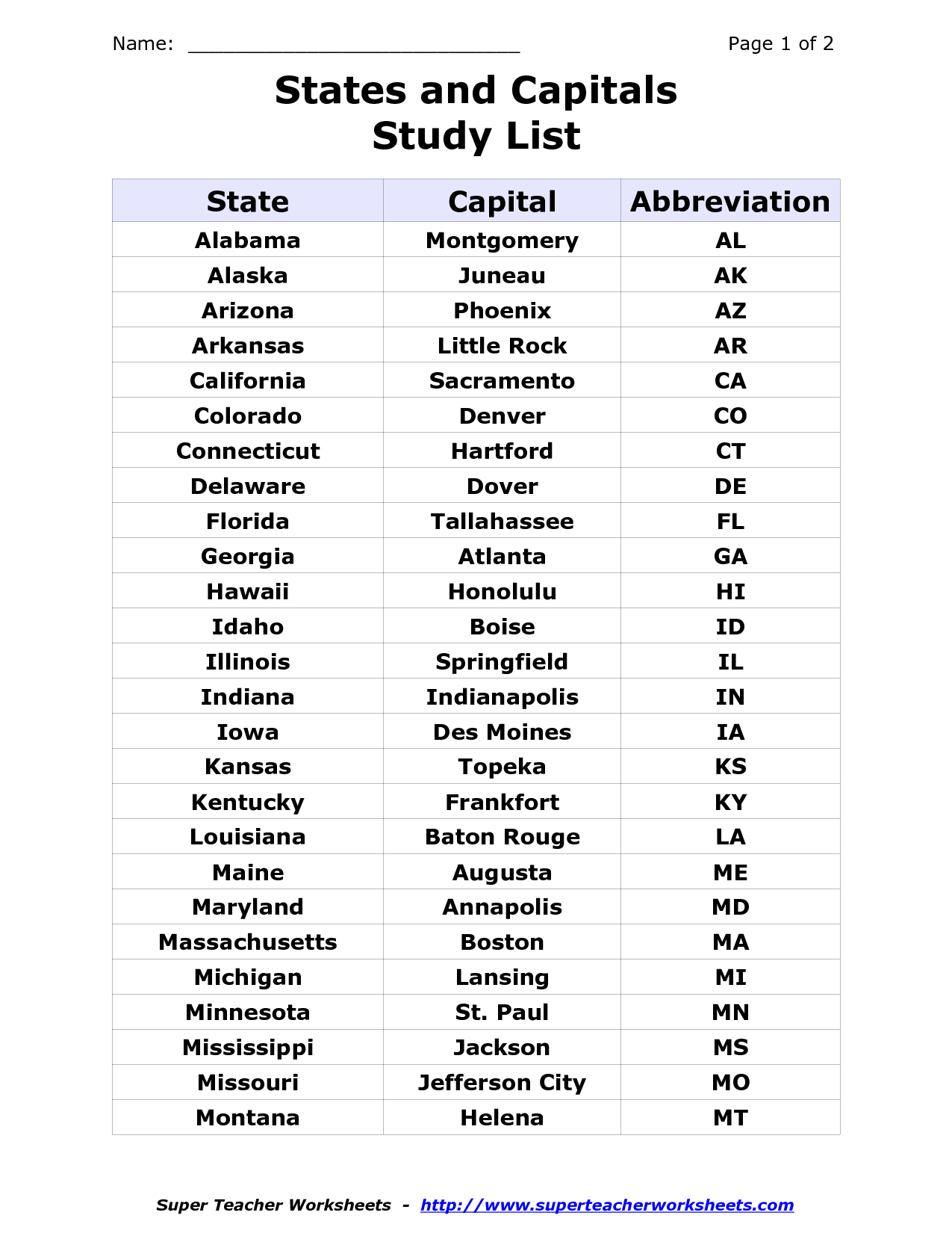Printable States And Capitals List