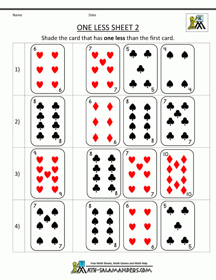 Math Kindergarten Math Printable Worksheets One Less Free Free 